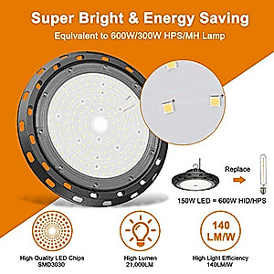 VCMAG UFO LED High Bay Light 150W 21,000lm 5000K Daylight 600W HID/HPS Equivalent with US Plug 5' Cable LED Warehouse Lights Commercial Shop Workshop Garage Factory Lowbay Area Lighting Fixture