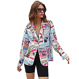 WDIRARA Women's Newspaper Pop Art Print Button Front Long Sleeve Casual Blazer Jacket Multicolored L