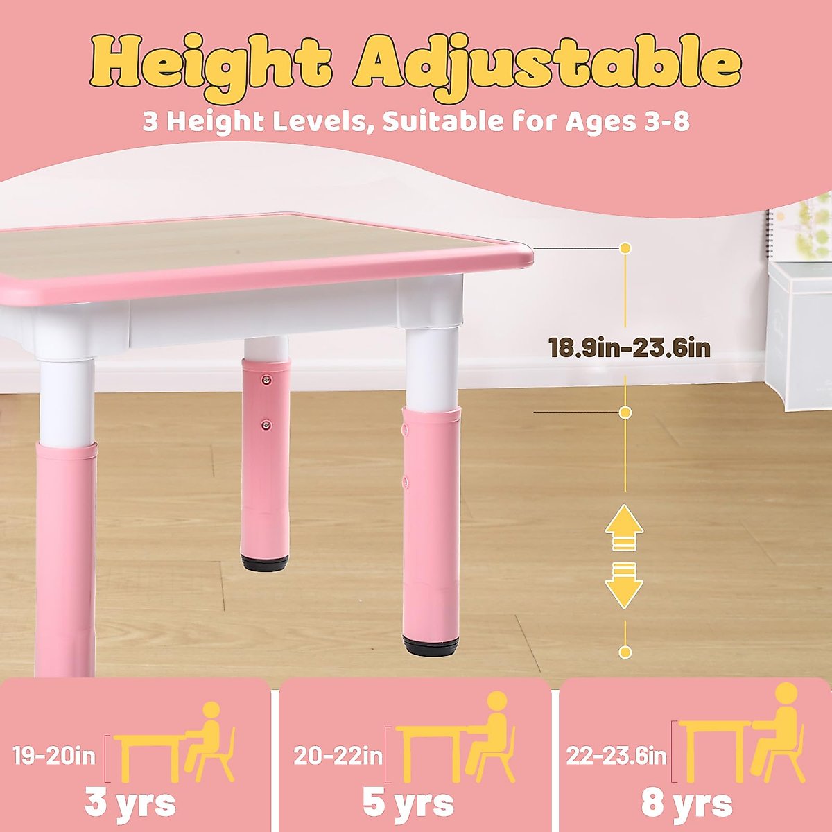 FUNLIO Kids Table and 2 Chairs Set, Height Adjustable Toddler Table and Chair Set for Ages 3-8, Easy to Wipe Arts & Crafts Table, for Classrooms/Daycares/Homes, CPC & CE Approved (3pcs Set) - Pink