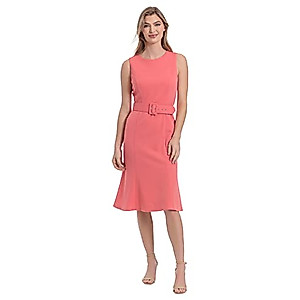 London Times Women's Plus Size Sleeveless Fluted Sheath with Belt, Dubarry Coral