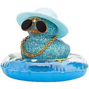 wonuu Car Duck Ornament Dashboard Decorations Rubber Duck Car for Car Dashboard Accessories with Swim Ring Sunglasses Hat and Necklace, B_Light Blue_Blue Sun Hat_Dolphin