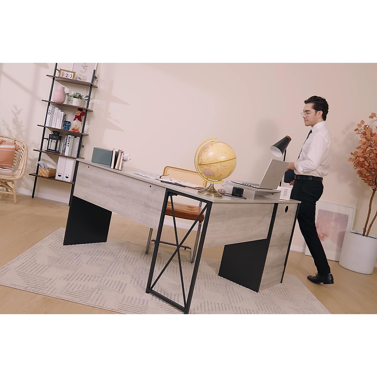 Bestier Lift Top L Shaped Desk with File Drawer, 55'' x 55'' Office Desk with Reversible Storage Drawers and Computer Monitor Stand (Retro Grey Oak Light)