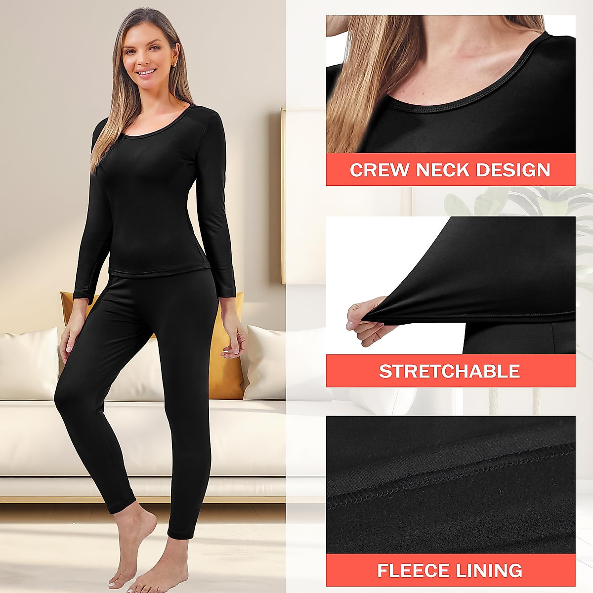 Patelai 3 Sets Thermal Underwear for Women with Fleece Lined Long Underwear Women Base Layer Women Cold Weather(Black, Medium)