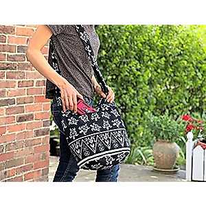 Fully Lined Sea Turtle Crossbody Sling Bag - Front Zippered Pocket - Handmade Bohemian Thai Hippie hobo Shoulder Cotton Purse - Medium - Black and White (Black and White)