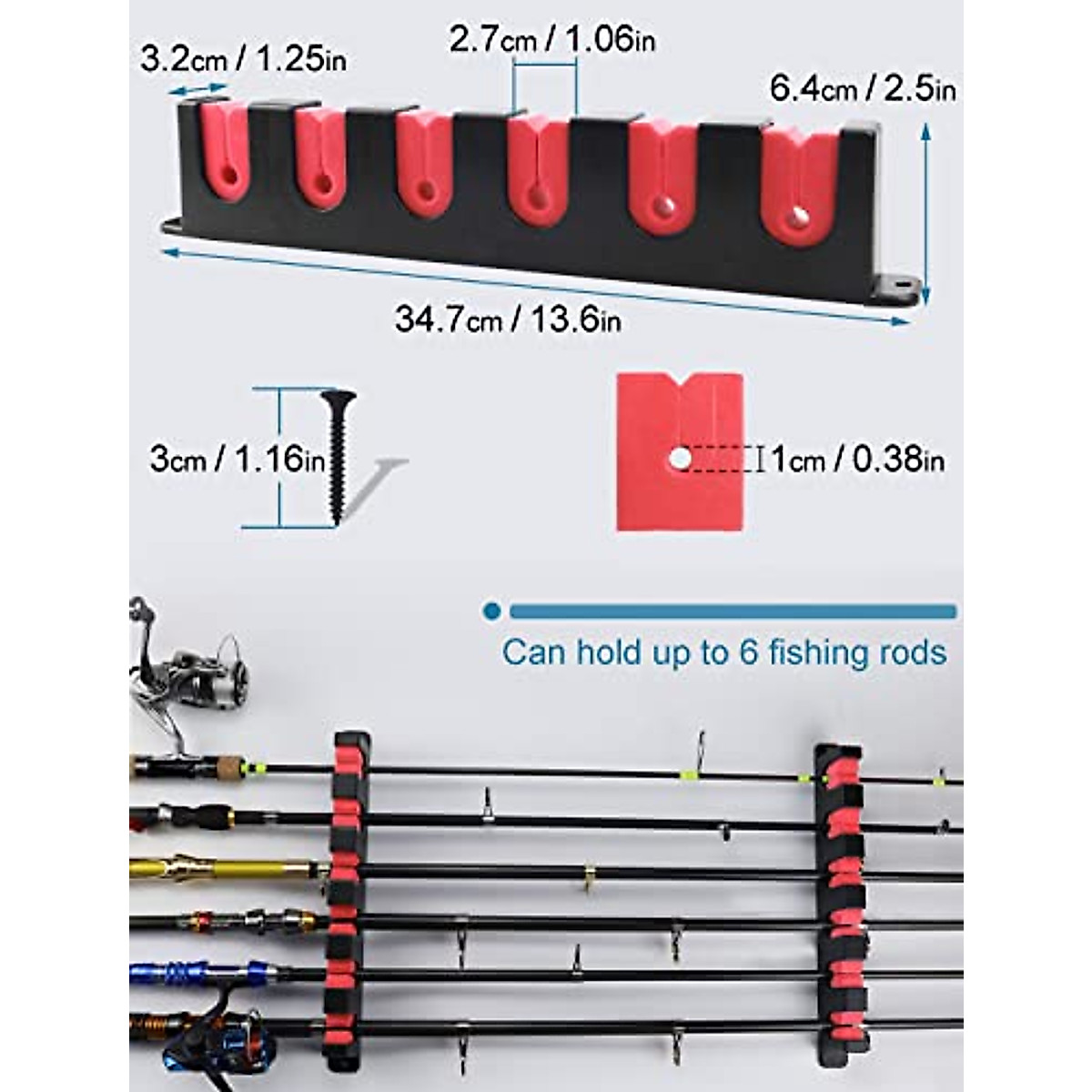 Ducurt Fishing Rod Rack Holders Wall-mounted Fish Pole Holder for Garage & Boat 6-Rod Storage Racks (Horizontal Red, 1 Pair)