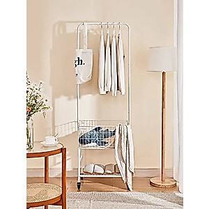 Rolling Laundry Basket with Wheels,Clothing Rack for Garment Hanger,Storage Metal Cart, White Color, Large Capacity Room Organization,Metal Movabel Laudry Basket, (White)