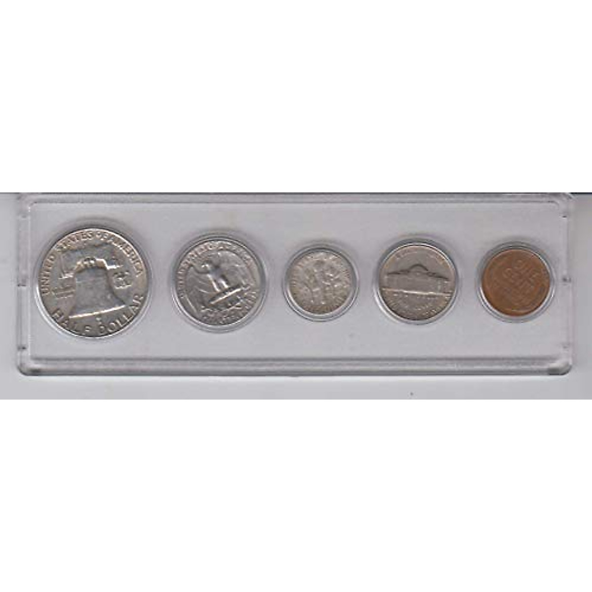1958 Birth Year Coin Set (5) Coins - Half dollar, Quarter, Dime, Nickel, and Cent All Dated 1958 and Encased in Plastic Display Case Fine