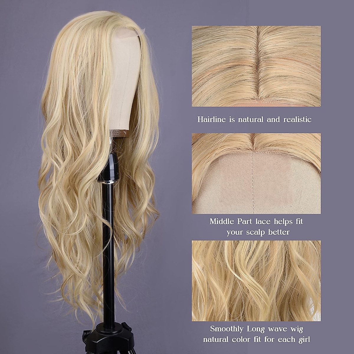 Aida ble Mixed Blonde Long Wave Wig for Women -26inch Middle Part Long Curly Wig Heat Resistant Synthetic Hair Looking Natural, Fiber Wig for Daily Party Use
