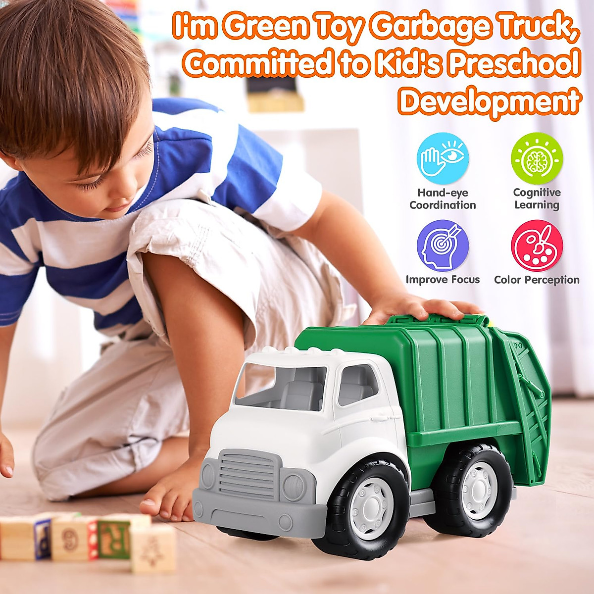 PLAY Eco-Friendly Garbage Truck, [USDA Certified] No BPA/Phthalate/PVC, Recycled Bioplastic Trash Truck Toys for Boys 1-4, Fine Motor Skills Car Toys Vehicle Gift for Kids