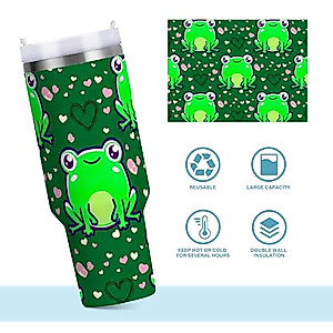 ODAWA 40 Oz Green Kawaii Frog Tumbler Cups with Handle and Straw, 2 in 1 Lid Stainless Steel Tumbler