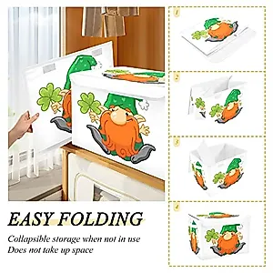 Kigai St.patrick's Day Cute Gnome Storage Basket with Lid,Collapsible Storage Box Fabric Storage Bin for Closet,Office,Bedroom,Nursery