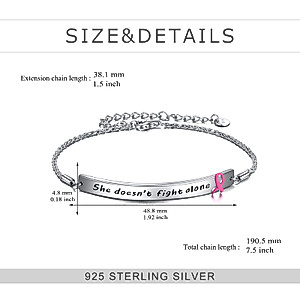 YFN Sterling Silver Pink Ribbon Bracelets Breast Cancer Awareness Gifts Motivational Bracelets Engraved She Doesn't Fight Alone