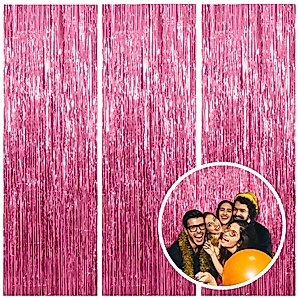 3 Pack Pink Backdrop Birthday Party Decorations Tinsel Foil Fringe Curtains Backdrop Streamer Bachelorette Christmas Graduation Wedding Princess Pink Theme Party Decorations