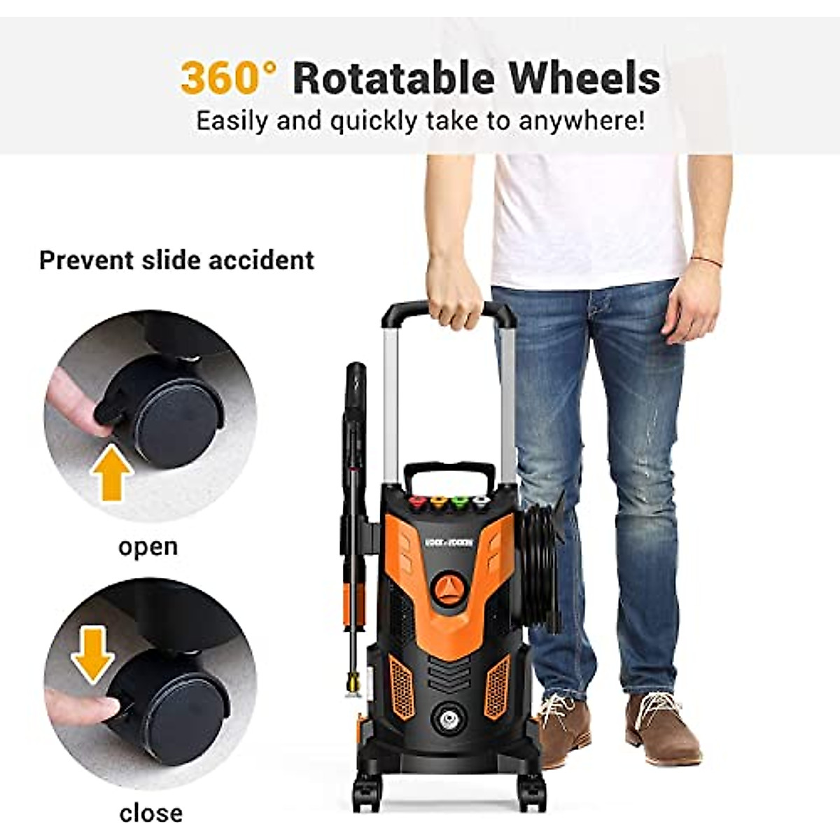 Rock&Rocker Upgraded 1750PSI Pressure Washer, 2.5GPM Portable Electric Power Washer with 360° Spinner Wheels, 4 Quick Connect Nozzles Foam Cannon for Car/Patio/Deck/Home Cleaning
