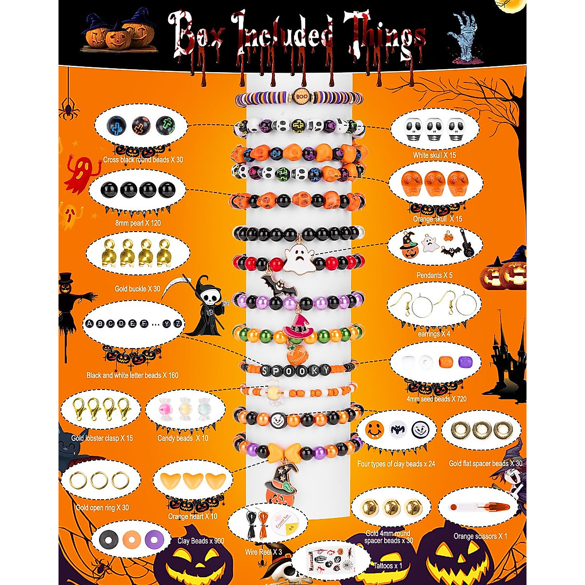 Goldwise Halloween Friendship Bracelet Kit,1 Box Halloween Beads and Black Letter Beads (A-Z) for Jewelry Making, Varieties of Halloween Charms Jewelry Making，DIY Crafts for Gifts Party Favors