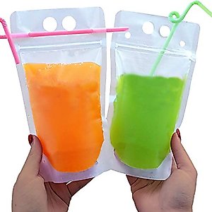 Leesgel Drink Pouches Container for Adults with Straws of Individually Wrapped & Funnel, Upgraded Anti-Leaked Stand-up Reusable Smoothie Bags for Cold & Hot Drinks, Juice, Smoothie