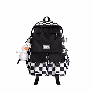 MEOKIM Kawaii backpack student schoolbag large-capacity backpack black and white plaid cute girls campus backpack(Black)