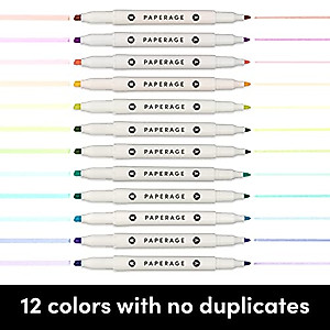 PAPERAGE Dual Tip Highlighters (3.0mm Chisel Tip + 1.0mm Round Tip), Pastel, 12 Pack Dual Tip Brush Pen Set for Highlighting Notes, Drawing, Hand-Lettering, Pens Highlight Markers Journaling and More