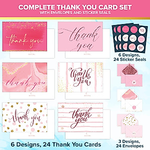 Decorably Thank You Cards with Envelopes & Stickers, Glittery Cards - 24 Pack Thank You Cards Pink Thank You Cards with Envelopes Pink, Blank Inside Pink Thank You Notes, 6x4in Thank You Notes Pink
