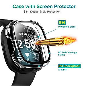 [4 Pack] iVoler Screen Protector Tempered Glass for Fitbit Sense/Versa 3, Hard PC case with Bumper Cover Sensitive Touch Full Coverage Protective Case for Sense/Versa 3 Smart Watch, Transparent