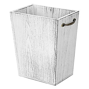 Wood Wastebasket Trash Can Rustic Farmhouse Square Garbage Container Bin with Decorative Metal Handle for Bedroom, Living Room, Bathroom & Office
