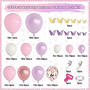 143Pcs Butterfly Pink and Purple Balloons Garland Arch Kit, Baby Shower Decorations for Girl Butterfly Stickers Pink Purple Rose Gold Confetti Balloons for Birthday Wedding Bridal Shower Decorations