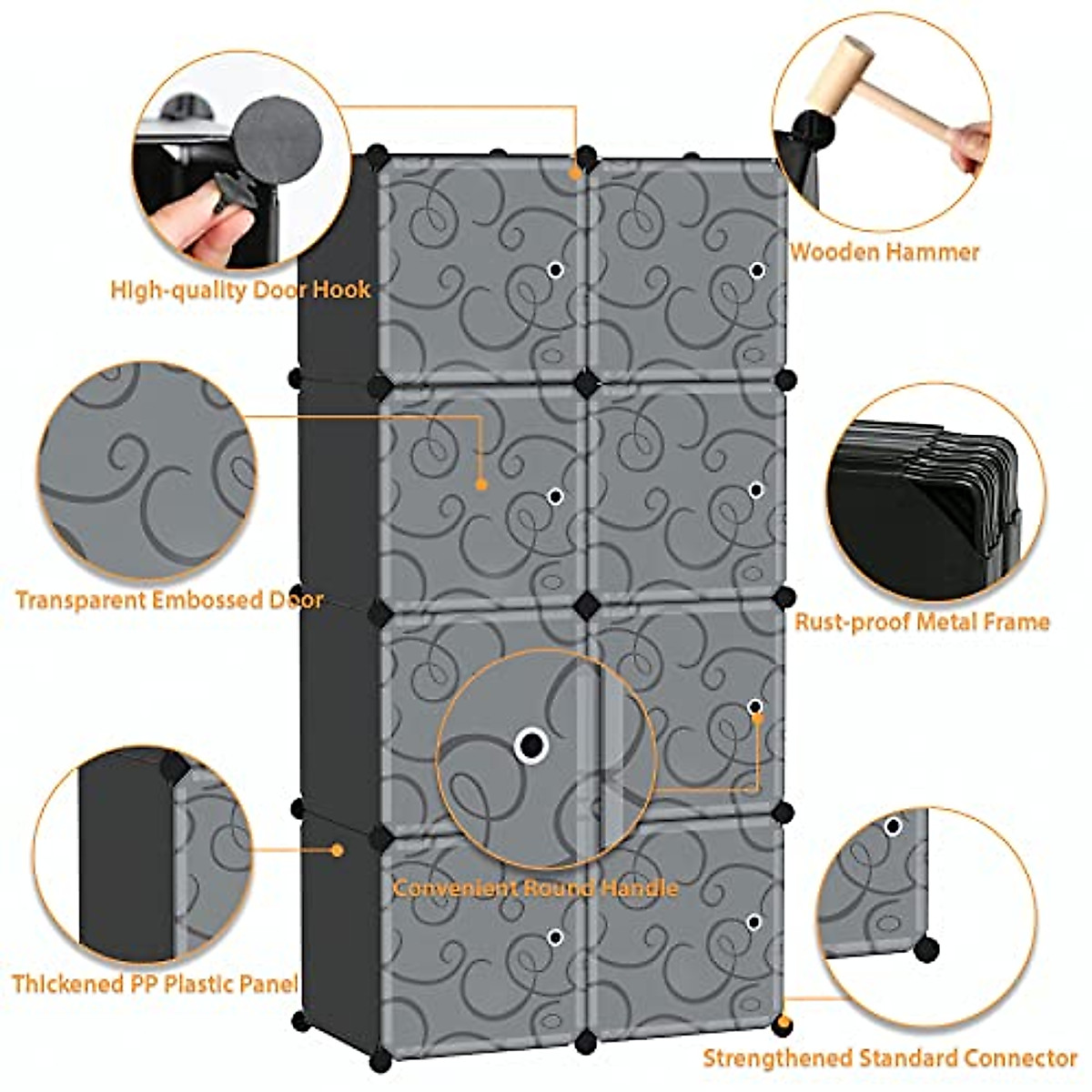 C&AHOME Cube Storage Organizer with Doors, 8-Cube Shelves, Closet Cabinet, DIY Plastic Modular Bookshelf, Storage Shelving Ideal for Bedroom, Living Room, 24.8" L × 12.4" W × 48.4" H Black UGSHS3008A