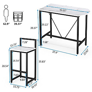 Tribesigns 3-Piece Bar Table Set, 2-Person Counter Height Dining Set, Sofa Pub Table with 2 Tools, Marble White, for Kitchen and Living Room