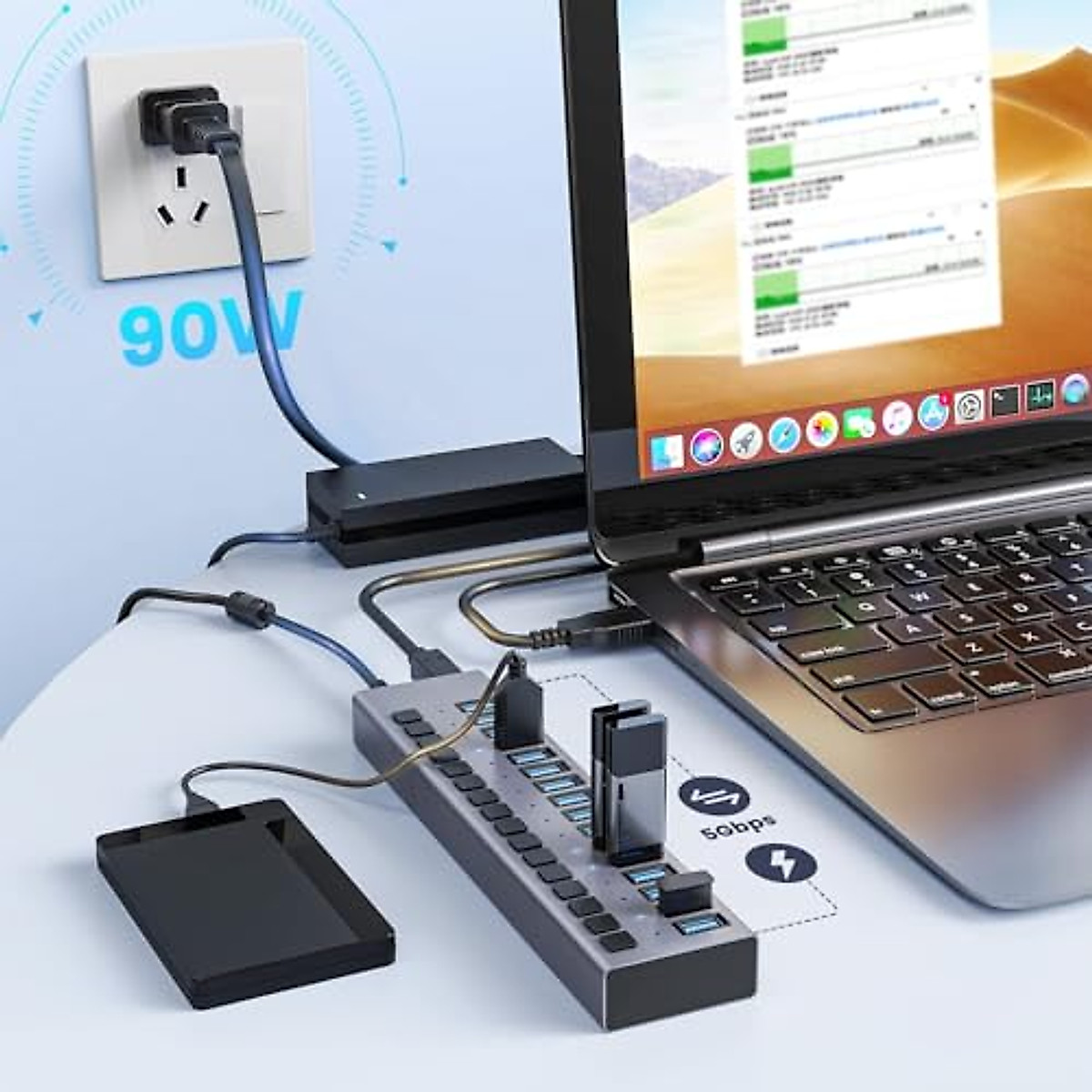 90W Powered USB Hub - ACASIS 16 Ports USB 3.0 Data Port, Aluminum Housing, Individual On/Off Switches, 12V/7.5A Power Adapter, USB Charging Hub/USB Splitter for Laptop, PC, Computer, Printer