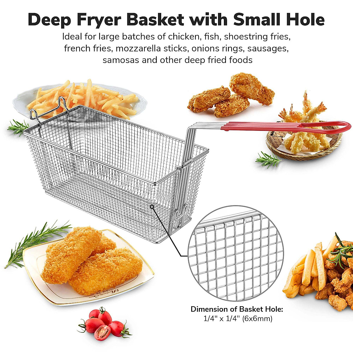 WeChef 2Pcs Deep Fryer Baskets with non-slip Handle 13" x 6 5/16" x 5 7/8" Nickel Plating Heavy Duty Construction Fryer Basket for Commercial Restaurant Roadside Stall Red