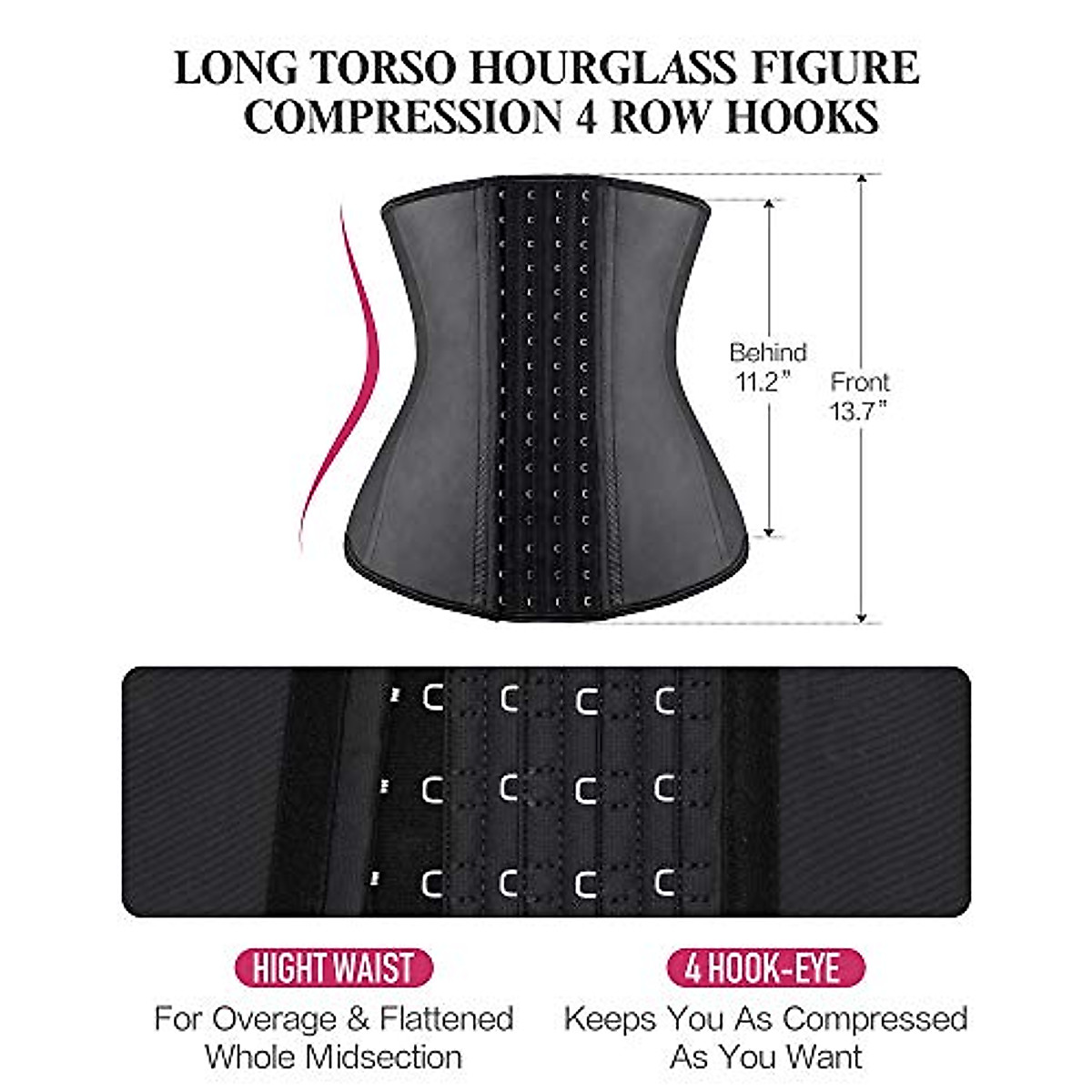 YIANNA Long Torso Waist Trainer for Women Latex Underbust Waist Corsets Cincher Hourglass Body Shaper 4 Row Hooks, (Size L, Black)