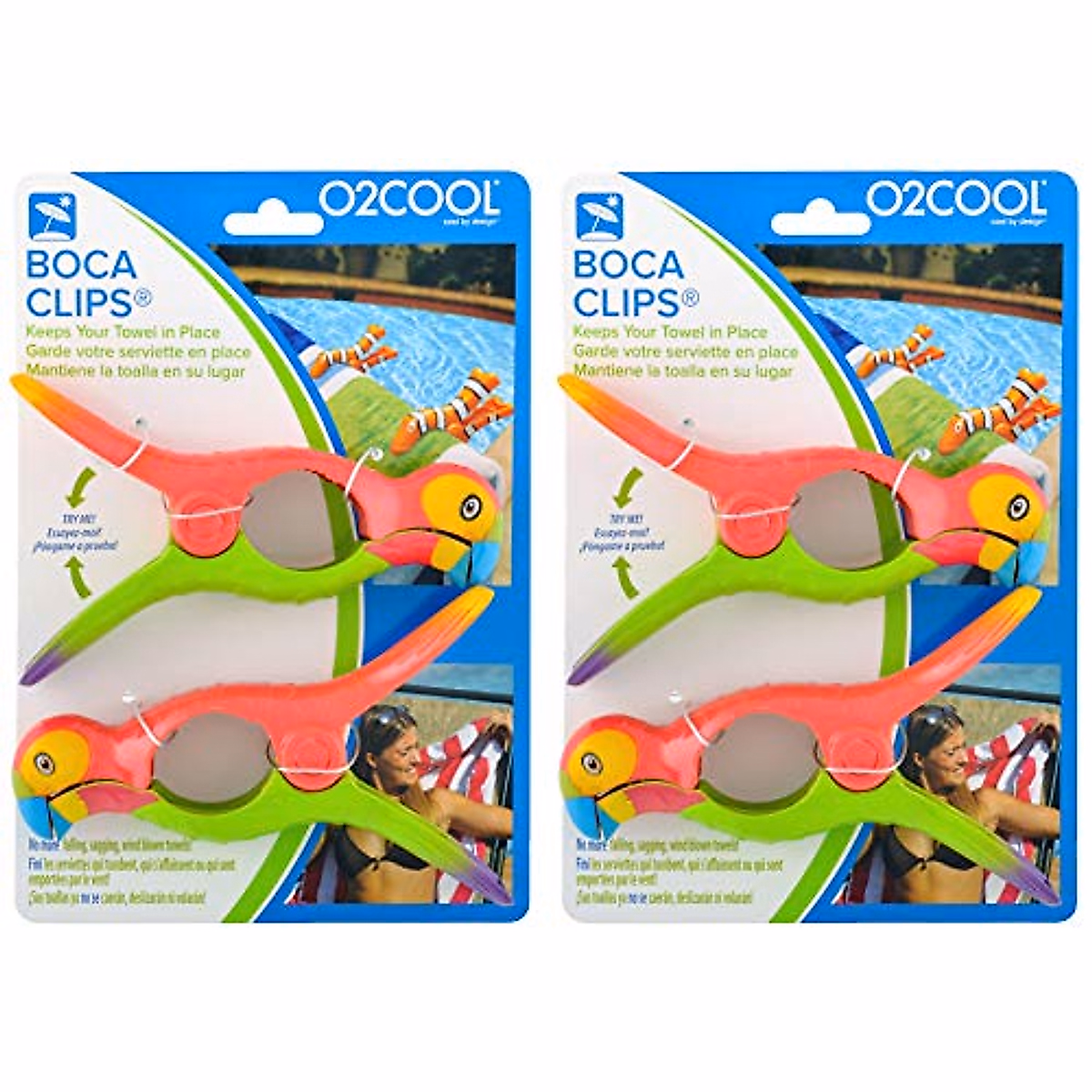 O2COOL Bocaclips - Beach Towel Clips for Beach Chairs, Patio and Pool Accessories Clothes Pins or Bag Clips - (Parrot) 4 Clips