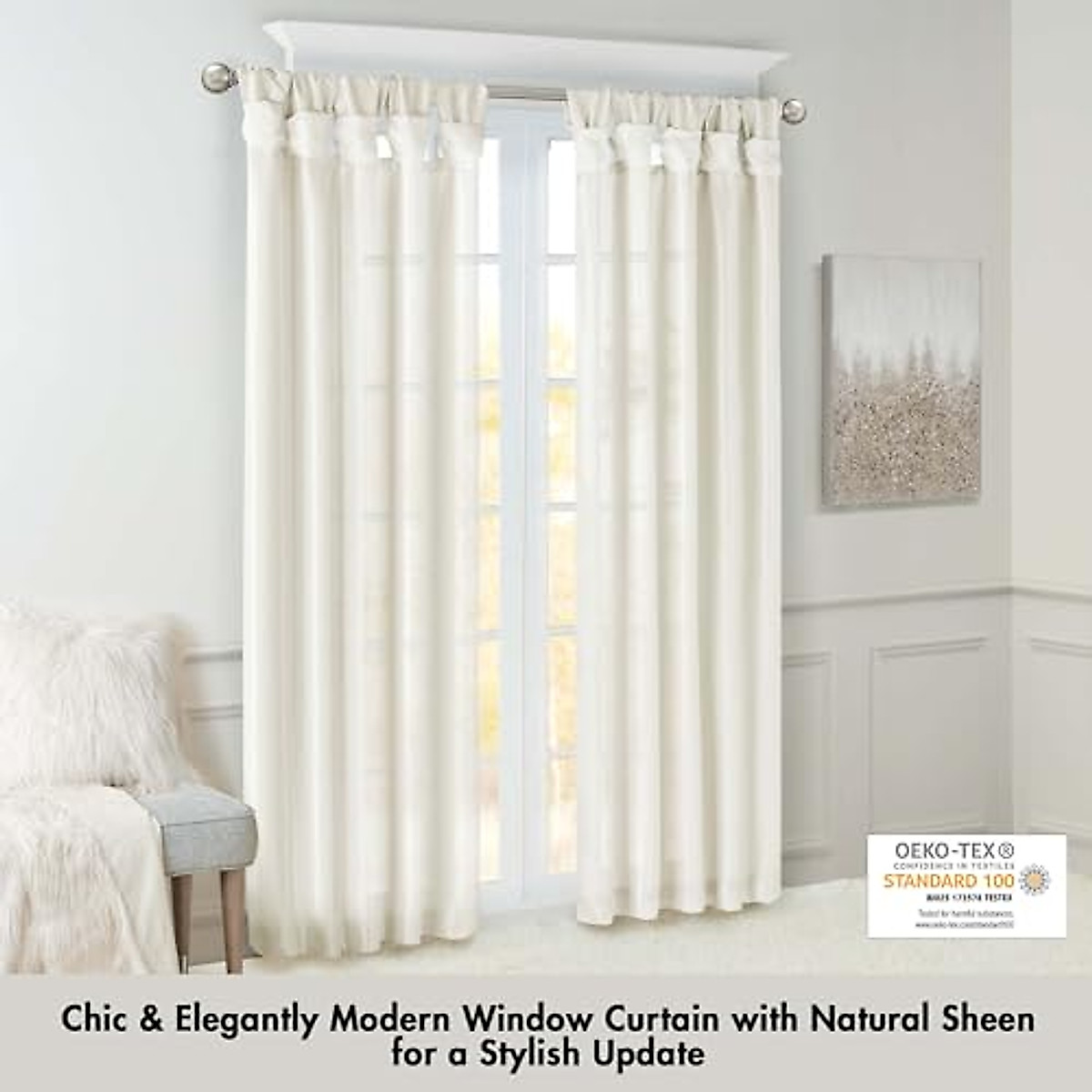 Madison Park Emilia Faux Silk Single Curtain with Privacy Lining, DIY Twist Tab Top, Window Drape for Living Room, Bedroom and Dorm, 95"L x 50"W, White