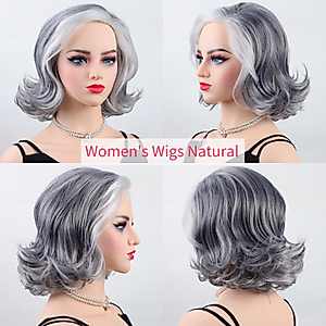 RENERSHOW Mid-length Grey Wavy Bob Wigs for Women Short Gray Curly Wig Synthetic Salt and Pepper Wigs Average Size Realistic Natural Daily Party Wigs for Older Women with Silver White Bangs(10-12inch)
