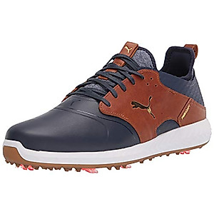 PUMA mens Ignite Pwradapt Caged Crafted Golf Shoe, Peacoat-leather Brown-puma Team Gold, 9.5 US