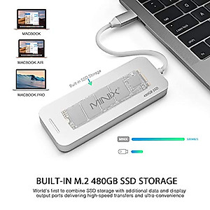 MINIX NEO Storage, 480GB Aluminum USB-C Multiport Solid State Drives Storage Hub with Display Output 4K @ 30Hz, 2 x USB 3.0 and USB-C for Power Delivery, Compatible for Apple MacBook. Silver