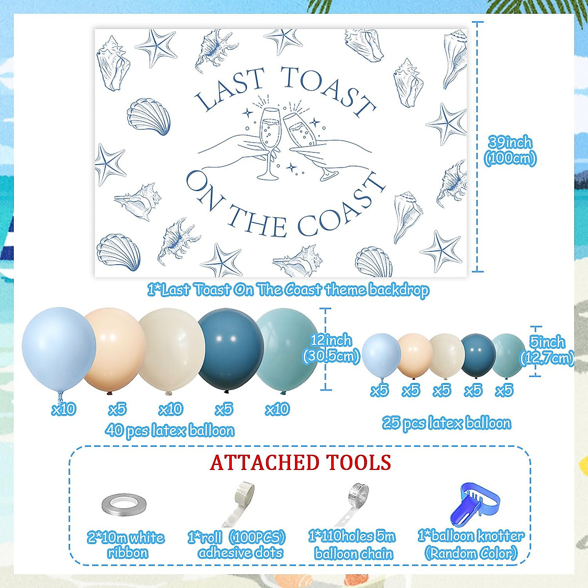 71Pcs Last Toast On The Coast Bachelorette Party Decorations, Bridal Shower Decorations Kit with Bachelorette Theme Backdrop Latex Balloons, Garland Arch Kit for Engagement Party Supplies