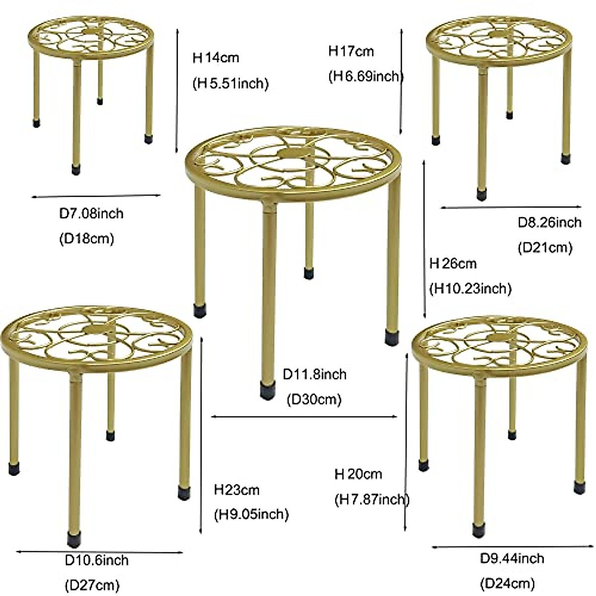 HAINARverS Metal Plant Stands 5-Pack, Heavy Duty Rustproof Iron Corner Flower Pot Stand Holder, Round Supports Display Rack Tiered Plant Stand Shelf For Indoor And Outdoor Multiple (Gold)