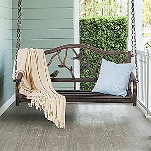 MFSTUDIO 50 Inches Patio Front Porch Swing,Outdoor Iron Metal Swing Chair with Chains,Pastoral Bird Backrest,Steel Hanging Bench Chair for Garden,Yard,Deck-Bronze