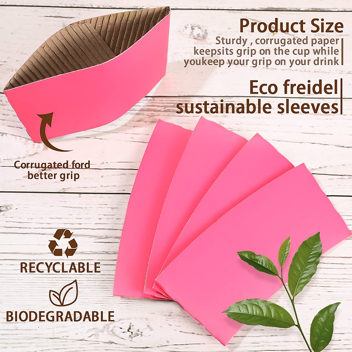 50 Pcs Coffee Sleeves Disposable Corrugated Kraft Paper Cup Sleeve Holder Protective Insulated Heat Espresso Coffee Cup Holder Fits 12, 16, 20, 22, 24 oz Hot Cold Drinks Cups(Pink)