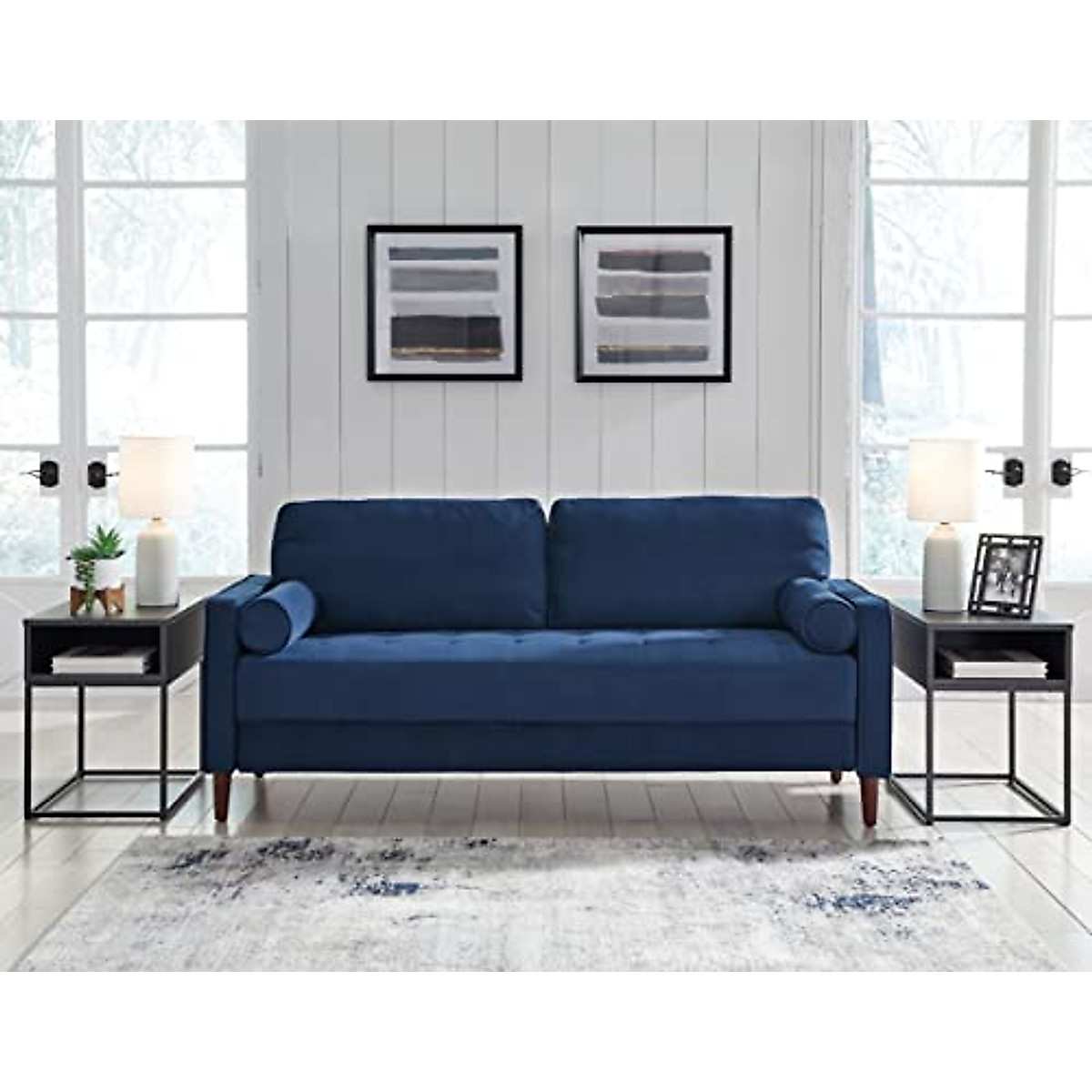 Signature Design by Ashley Darlow Modern Velvet Sofa with Bolster Pillows & USB Ports, Blue