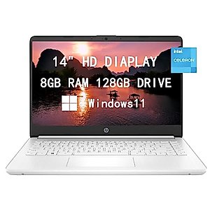 HP 2023 Newest Upgraded Laptops for Student & Business, 14'' HD Computer, Intel Celeron N4120 Quad-Core, 8GB RAM, 128GB(64GB SSD+64GB Card) Fast Charge, Windows 11, White (14-dq0052dx)