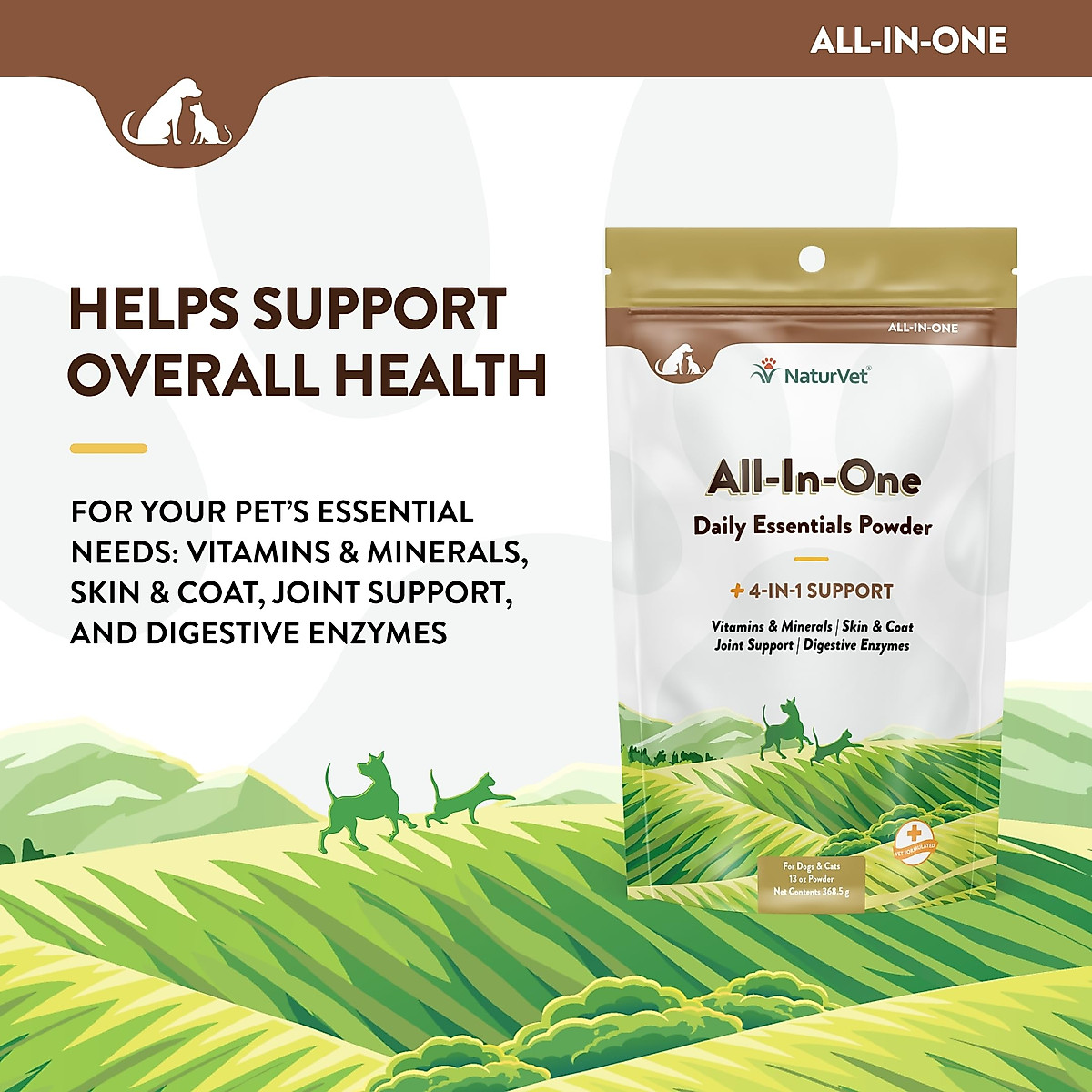 NaturVet All-in-One Dog Supplement - for Joint Support, Digestion, Skin, Coat Care – Dog Multivitamins with Minerals, Omega-3, 6, 9 – Wheat-Free Vitamins for Dogs – 13-Ounce Powder