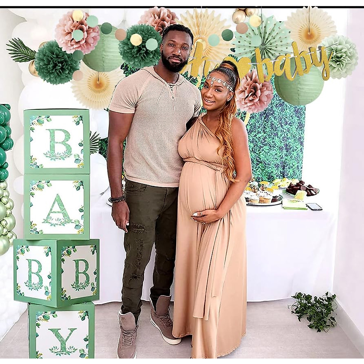 Dusty Rose and Sage Green Baby Shower Decorations Paper Lanterns Tissue Paper Pom Poms Olive Sage Green and Dusty Pink Party Decorations with Oh Baby Banner Gold for Baby Girls