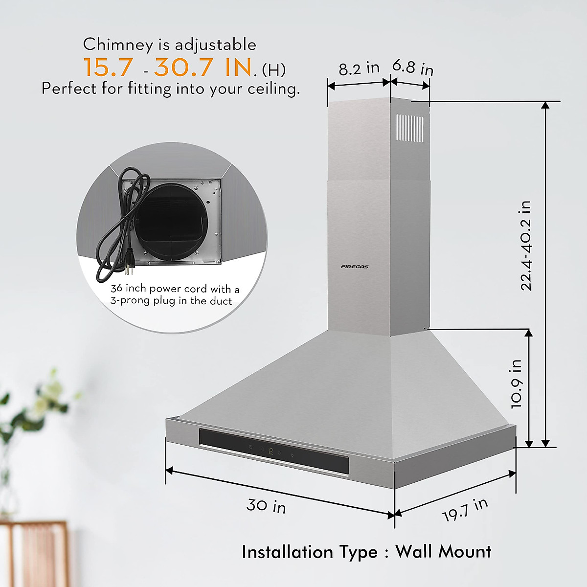 FIREGAS Wall Mount Range Hood 30 in. With 450 CFM Brushless DC Motor,9 Speed Exhaust Fan,LED Light,Soft Touch Control,Buffle Filter, Charcoal Filter included for Ducted/Ductless Range Hood Convertible