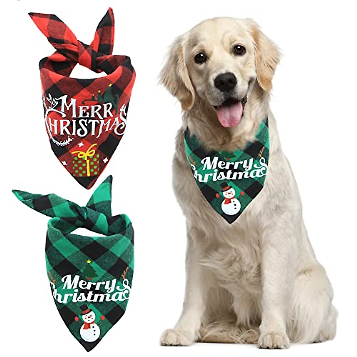 2 Pack Christmas Dog Bandanas,Double Layer Reversible Washable,Merry Christmas Snowman Gift Packages Pattern On Plaid Green Red Soft Cotton for Small Medium Large Dogs Cats Pets