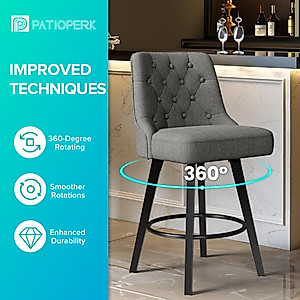 PatioPerk Modern Swivel Bar Stools with Back, 26" H Seat Set of 1, 360 Rotation Counter Height Bar Stools, Retro Upholstered Barstools for Kitchen Island with Solid Wood Legs, Linen Fabric, Gray