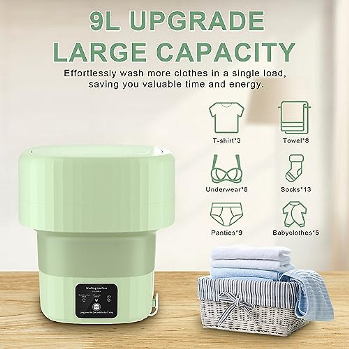 Yanpoake Foldable Portable Washing Machine and Spin Dryer 9L Compact Mini Washer for Baby Clothes Underwear Laundry Apartment RV Travel Camping, Green