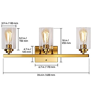 Bathroom Vanity Light, Wall Sconces 3 Lights Brass, Vintage Vanity Lighting Fixture, Over Mirror Light with Clear Glass Shades for Hallway, Kitchen, Living Room, Bedroom