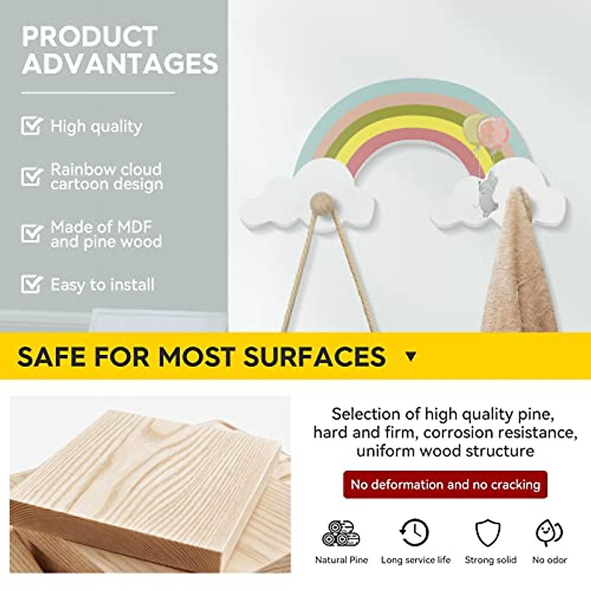 Jfbav Wooden Coat Hook Rainbow Wall Hanging Wall Hook Cute Children's Room Creative Children's Room Wall Clothes Hat Hanger…